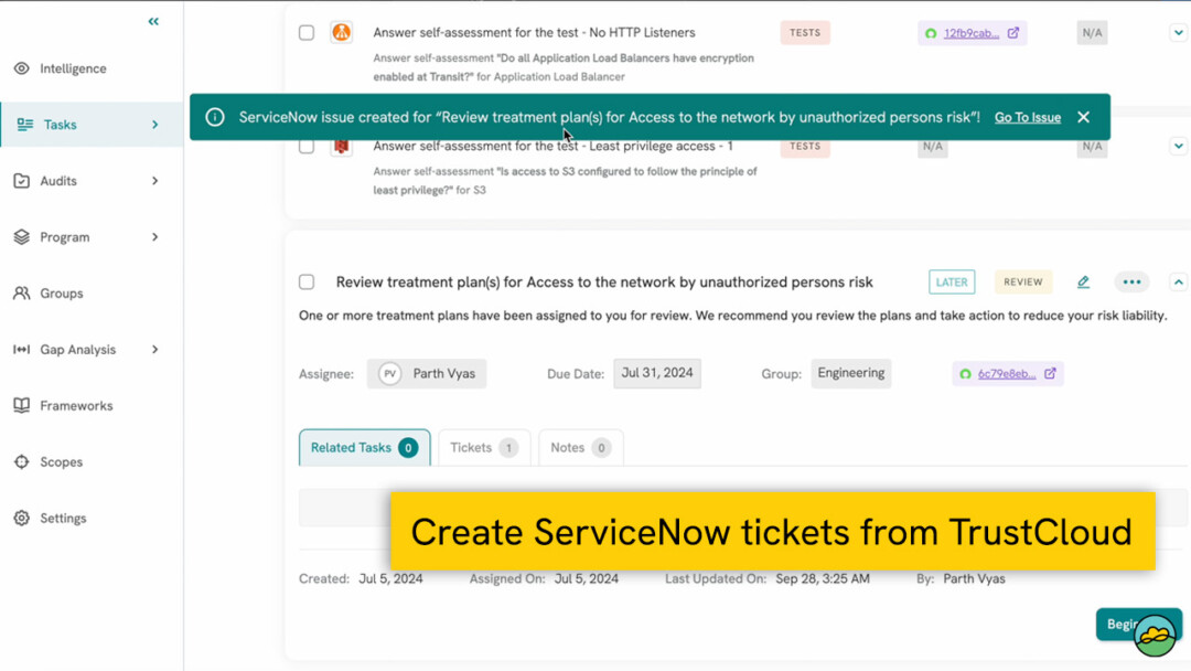 Create ServiceNow tickets from TrustCloud tasks